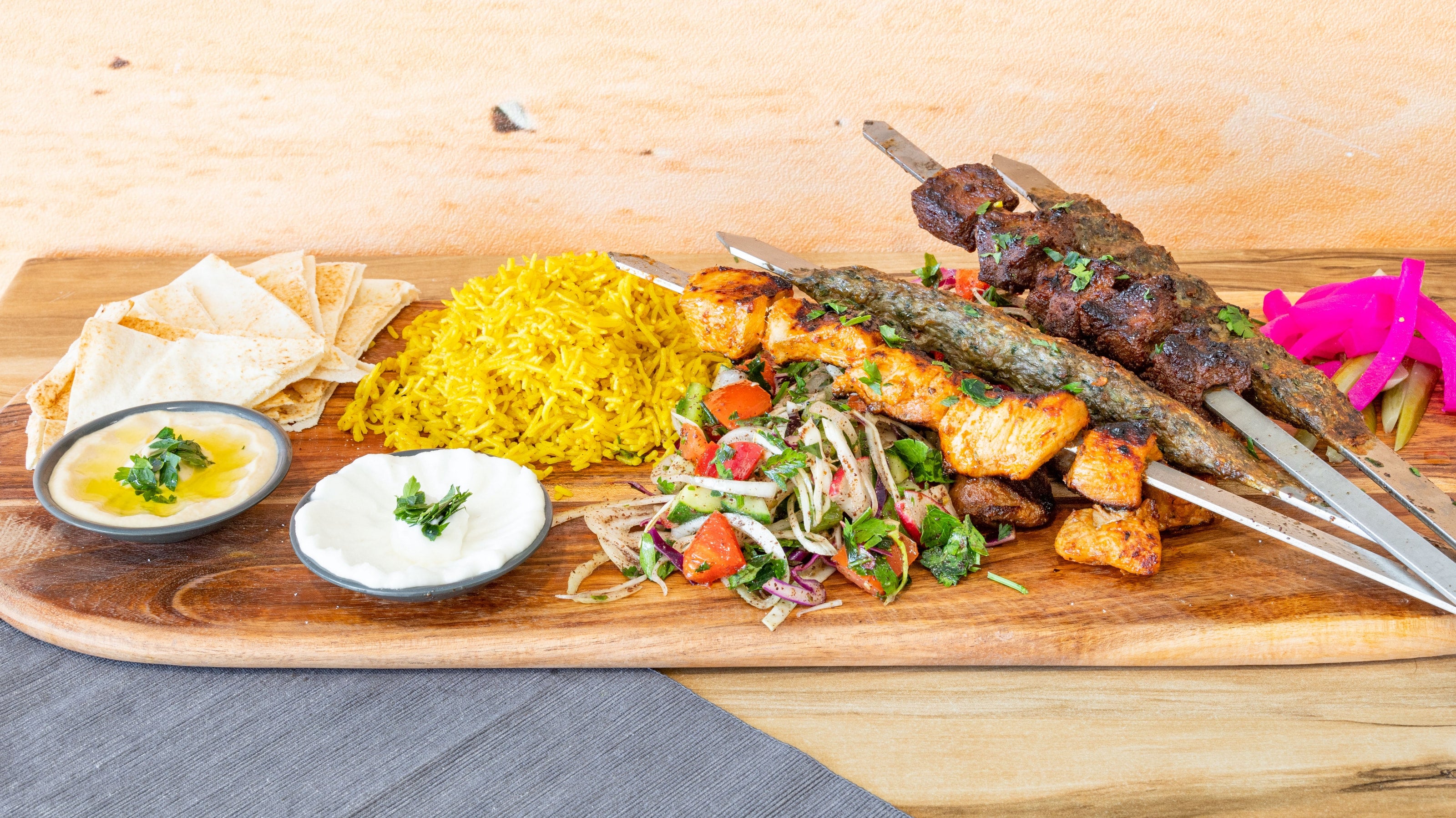 Mixed Grill (4 skewers) with Rice & Salad | My Business